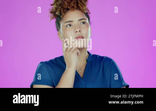 Thinking, black woman face and studio of a young female with an idea ...