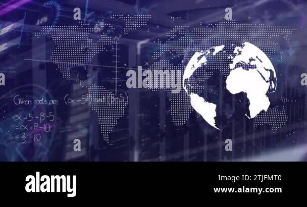 Animation of data processing with globe and world map over server room. Global business and ...