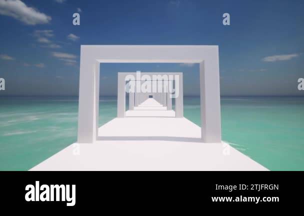 Futuristic new architecture square arch pedestal tropical ocean ...