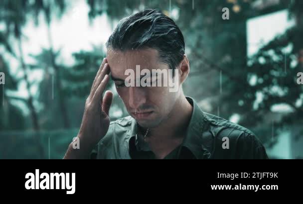 Sad man standing outdoor under heavy rain, Domestic violence, family ...