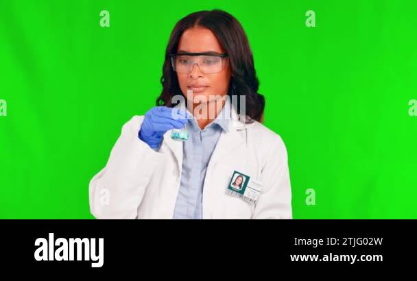 Face, green screen and woman with chemical, aroma and researcher ...