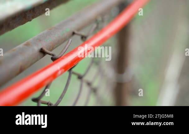 A red thin plastic hose runs along an old rusty chain-link fence, close ...
