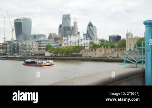 Right to left pan of River Thames and downtown London skyline from spot ...