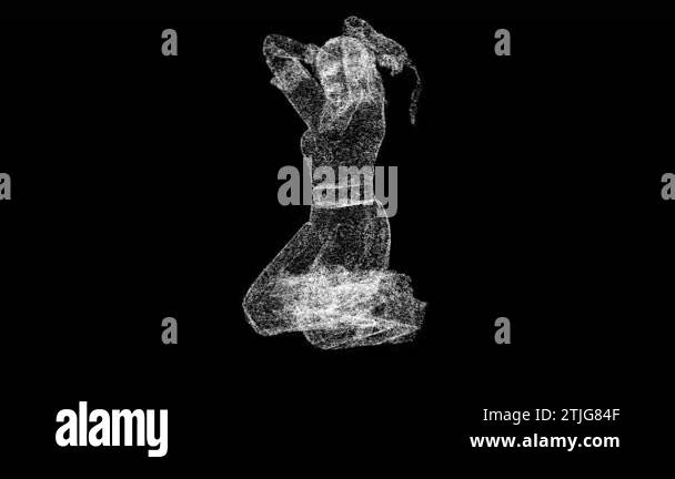 3D samurai rotates on black bg. A samurai sits on his knees and ties a ...