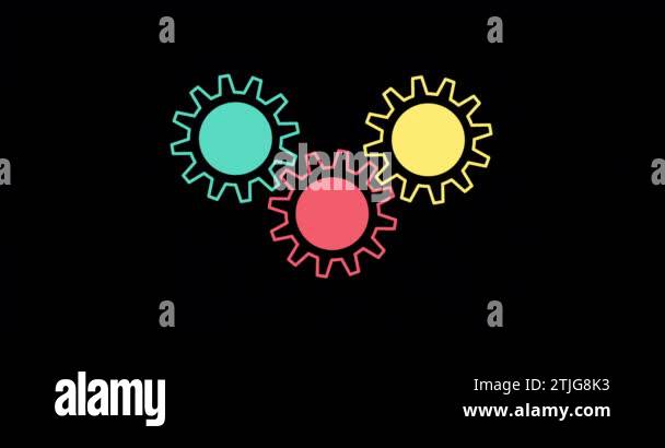 Three Blue, red and yellow gears rotating on black background. 4K ...