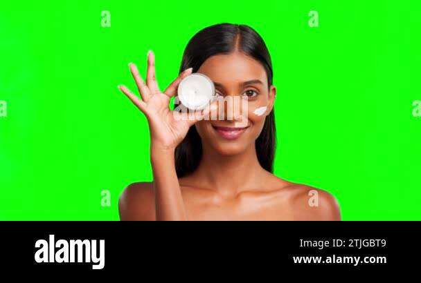 Cream, jar and green screen of happy woman, face and cosmetics on ...