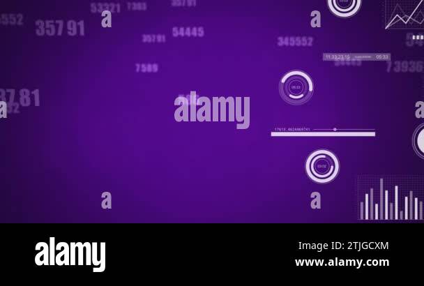 Animation of statistical data processing and changing numbers against purple background ...