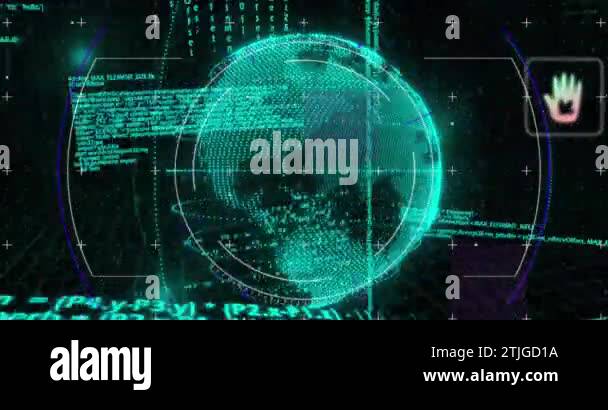 Animation of computer language and computer icons over globe in circles ...