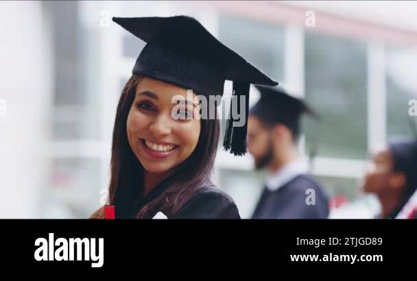Smile, graduation and face of woman in college for learning, scholarship and future. Diploma ...