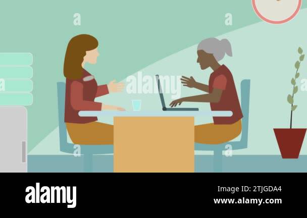 Two women arguing by the table. Work related fight. Clock, water ...