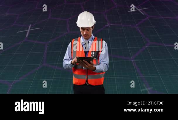 Animation of diverse financial data and graphs over caucasian male ...