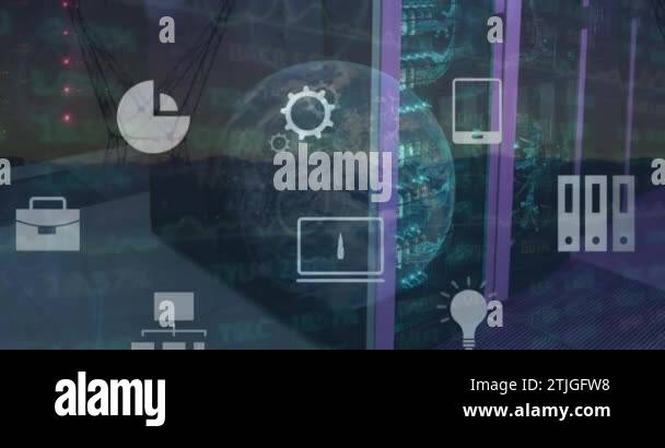 Animation of multiple digital icons and globe against computer server ...