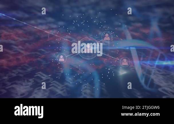 Animation of dna strand spinning and network of connections with icons. Global science ...