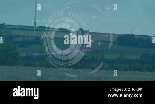 Animation of radar, graph and loading bar over windmill on landscape ...