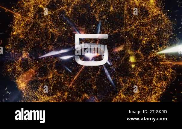 Five Seconds Countdown Timer with abstract digital fractal technology and fire burst background ...