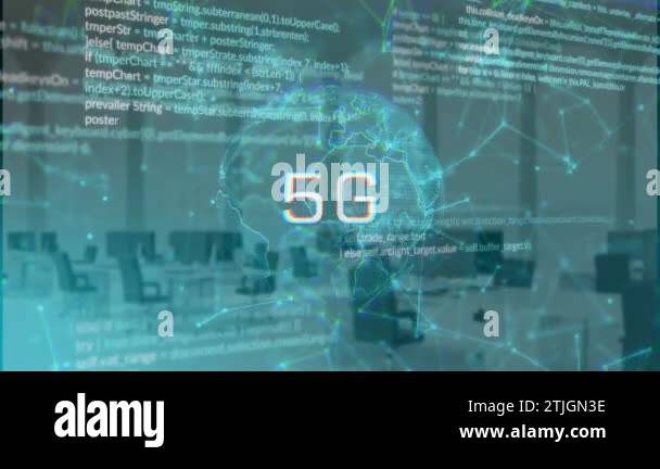 Animation of 5g text over globe, computer language and connected dots ...