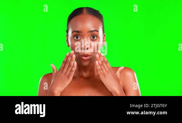 Face, green screen and black woman with beauty, surprise and happiness ...