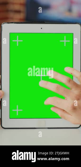 Vertical video: Office employee using digital gadget with greenscreen ...