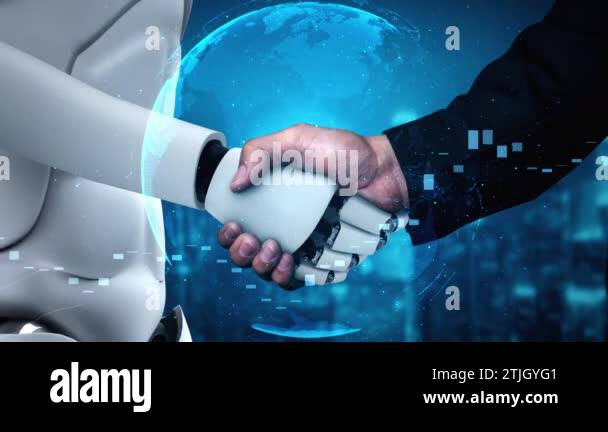 3D rendering hominoid robot handshake to collaborate future technology development by AI ...