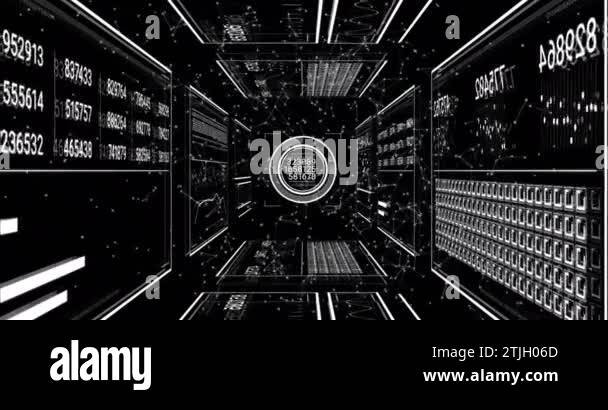 Animation of changing numbers, loading bars, circles, graph over connected dots on black ...