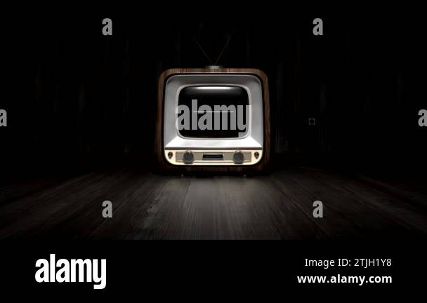 Retro TV receiver with green screen, wooden desks on floor and wall ...