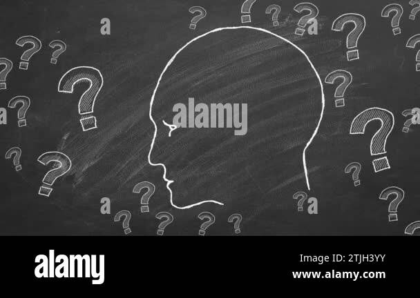 Human head with question marks. Animated Illustration on blackboard ...