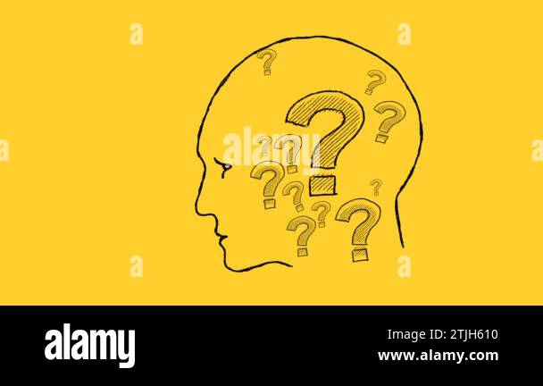 Human head with question marks inside. Animated illustration on yellow ...