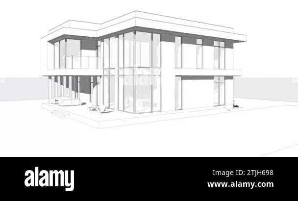 4K video rendering of a modern house with a flat roof. Frame model of ...