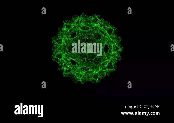 3D sphere with spikes rotates on black background. Object dissolved ...