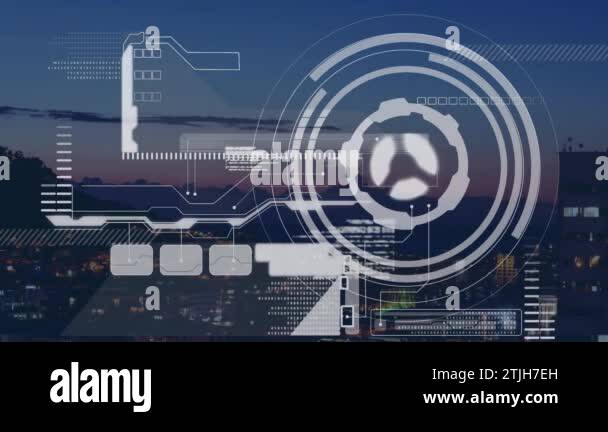 Animation of hud interface with radar over aerial view of cityscape and ...