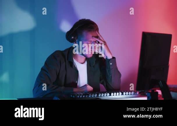 Upset gamer. Failure disappointment. Exhausted tired guy lost ...