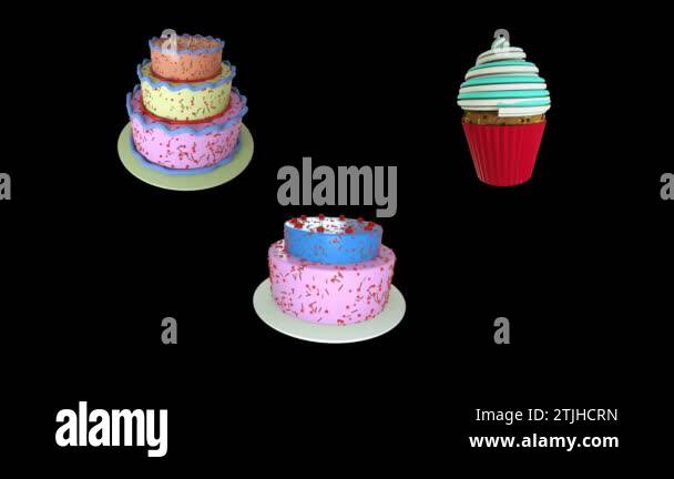 3D render Birthday cakes. 3D animation on a green screen. Holidays and ...