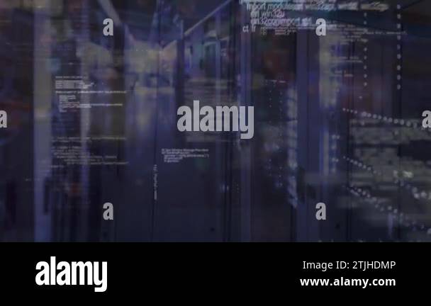 Animation of light spots floating and data processing against empty computer server room ...