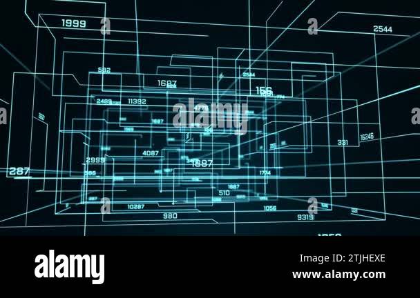 Futuristic wire cubes with digital numbers. Dark space with blue ...