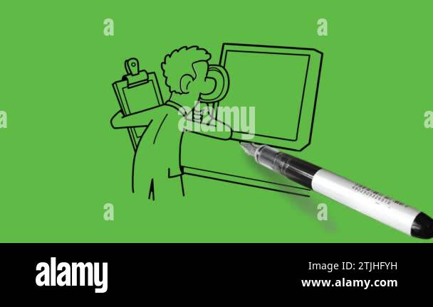 draw young man stand hold magnified lens to see computer screen and ...