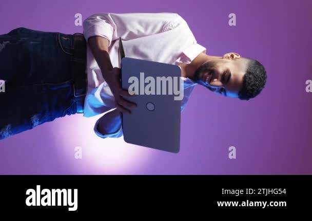 Vertical people. Virtual communication. Happy man. Handsome smiling guy ...