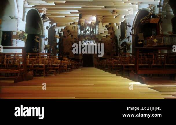 Bibles float in a haunted church. 3D animation featuring stylized CCTV ...