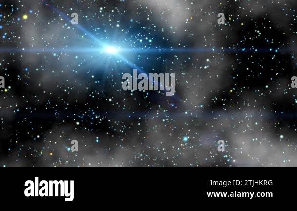 Blue lens flare animation in dark starry night with white cloud ...