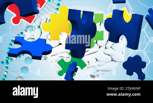 Animations of falling colorful puzzle pieces over blue background ...