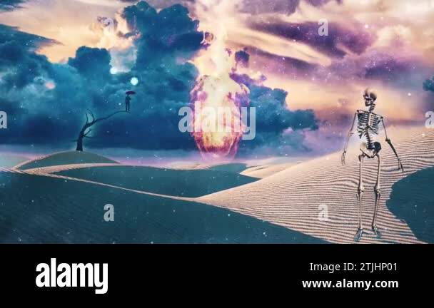 Surreal white desert with dry tree and man with red umbrella. Skeleton ...