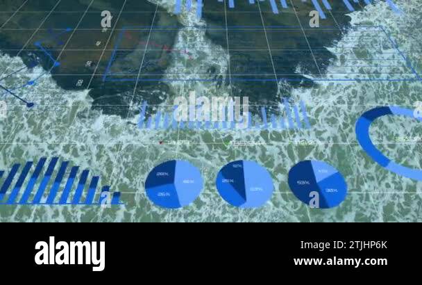 Animation of infographic interface over aerial view of waves splashing ...