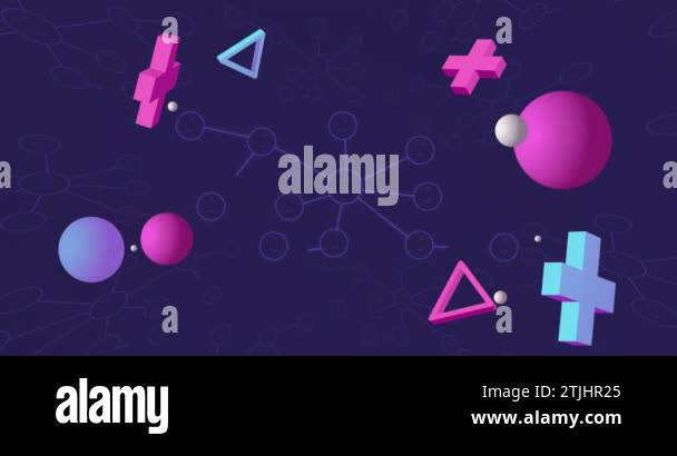 Animation of glowing pink qr code and 3d shapes over network on black ...