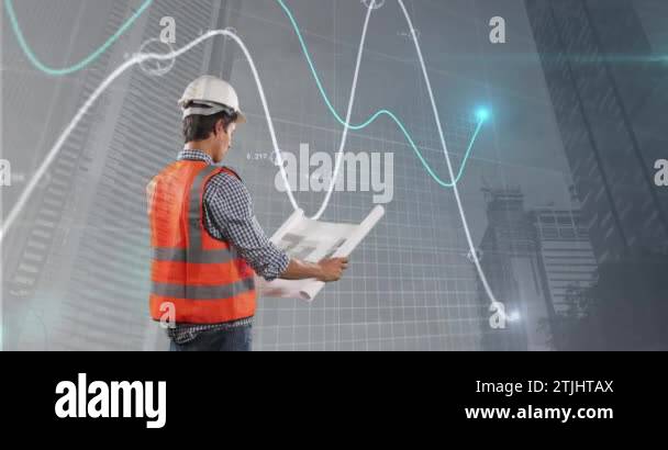 Animation of diverse financial data and graphs over back view of ...