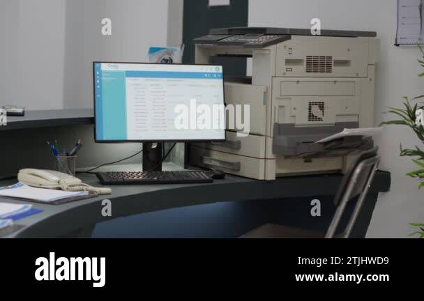 Empty hospital reception counter to fill in medical reports and ...