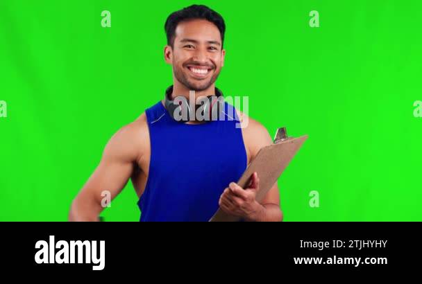 Fitness, flex and man in a studio with green screen standing with a ...