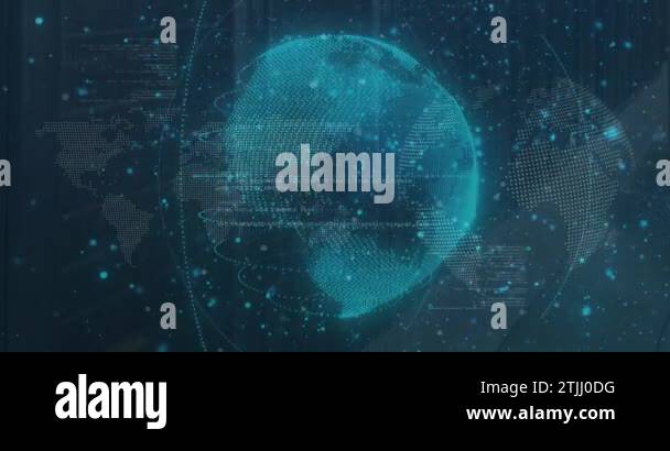 Animation of abstract pattern around rotating globes over programming language and dots over map ...