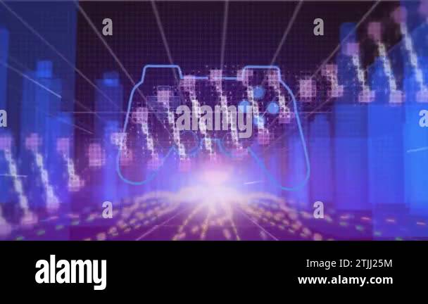 Animation of gamepad icon with dna strand over digital city on black ...