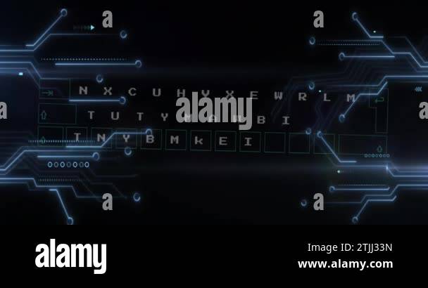 Animation of lens flare, abstract pattern moving over keyboard and circuit board texture ...