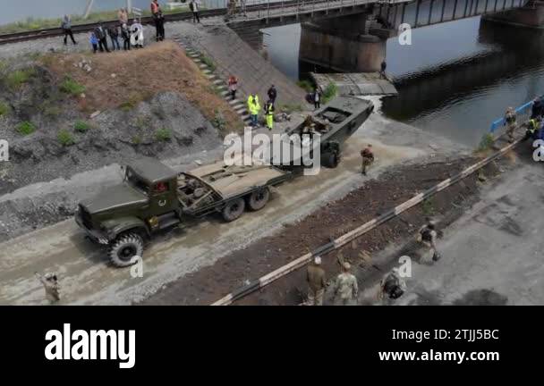 Pontoon bridge of the Ukrainian army. Installation of a temporary ...