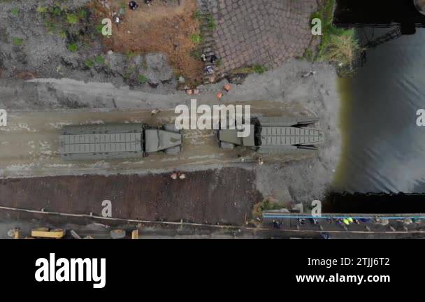 Pontoon bridge of the Ukrainian army. Installation of a temporary ...